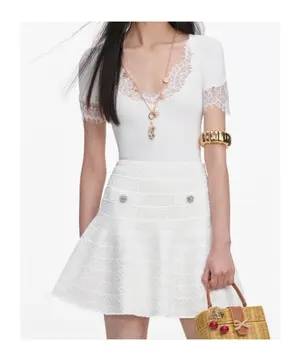 SELF-PORTRAIT Lace-trim Ribbed Bodysuit With V-neckline