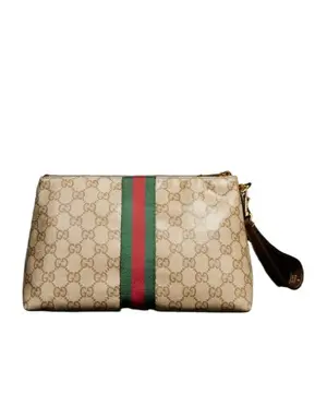 Gucci Gg Monogram Pouch With Web Stripe And Wristlet - Nude