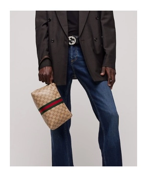 Gucci Gg Monogram Pouch With Web Stripe And Wristlet - Nude