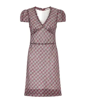 SHUSHU/TONG Plaid Sweetheart Neckline Short Sleeve Dress