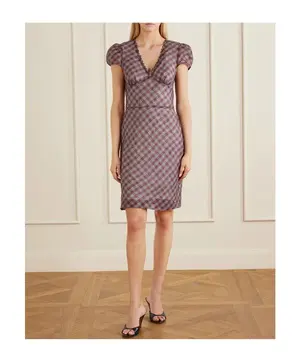SHUSHU/TONG Plaid Sweetheart Neckline Short Sleeve Dress