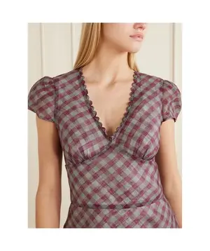 SHUSHU/TONG Plaid Sweetheart Neckline Short Sleeve Dress