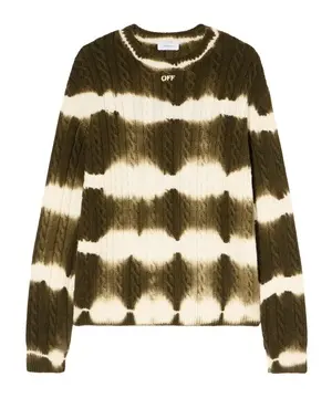 Off-White Wool Cable Knit Crew Neck Sweater With Gradient Stripes - Green