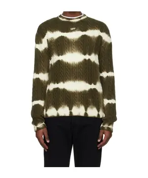 Off-White Wool Cable Knit Crew Neck Sweater With Gradient Stripes