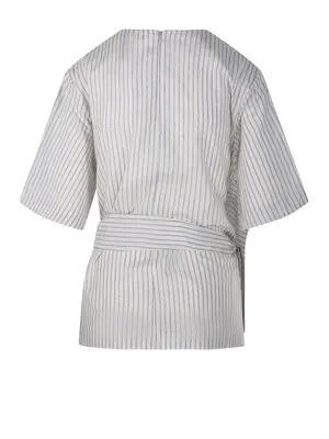 RÓHE Striped Wrap Top With Belt - Gray