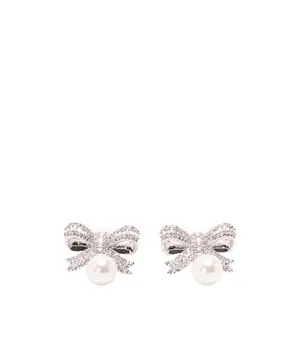 SELF-PORTRAIT Embellished Bow Pearl Drop Earrings - Silver