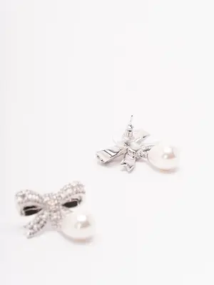 SELF-PORTRAIT Embellished Bow Pearl Drop Earrings - Silver