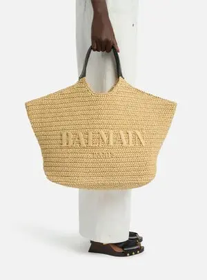 Balmain Logo Raffia Tote Bag - Beige