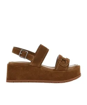 Hogan Suede Embossed H Buckle Strap Wedge Sandals