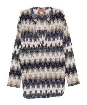 Missoni Chevron Knit V-neck Long Sleeve Top - Gray