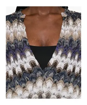 Missoni Chevron Knit V-neck Long Sleeve Top - Gray