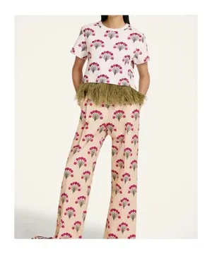 La DoubleJ Floral Print Cropped T-shirt With Feather Trim