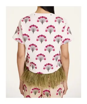 La DoubleJ Floral Print Cropped T-shirt With Feather Trim