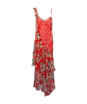 Etro Draped Asymmetric Ruffled Floral Paisley Print Silk Maxi Dress