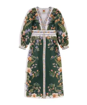 Farm Rio Maxi Dress With V-neck And Long Sleeves