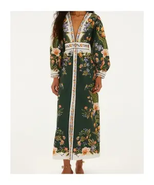 Farm Rio Maxi Dress With V-neck And Long Sleeves
