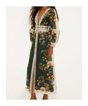 Farm Rio Maxi Dress With V-neck And Long Sleeves