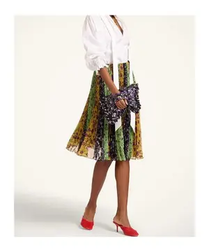 La DoubleJ Floral Print Pleated Midi Skirt