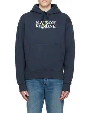 Maison Kitsuné Logo Printed Drawstring Hoodie - Black
