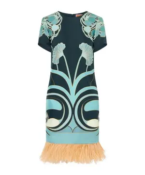 La DoubleJ Printed Feather Trim Short Sleeve Dress