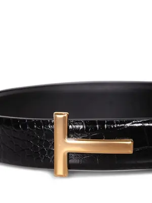TOM FORD Crocodile Embossed Leather Belt With Gold T-buckle - Black