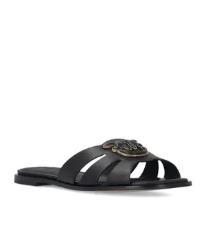 Pinko Open Toe Flat Slippers With Logo Plaque - Black