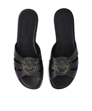 Pinko Open Toe Flat Slippers With Logo Plaque - Black