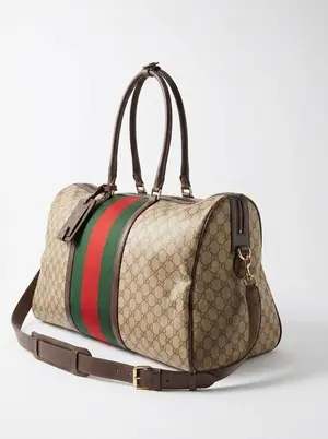Gucci Monogram Gg Web Duffle Bag - Sand And Dark Brown