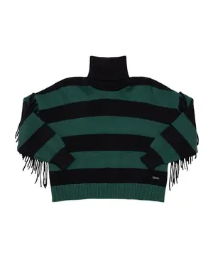 Monnalisa Viscose Blend Knit Turtleneck Sweater With Fringed Sleeves