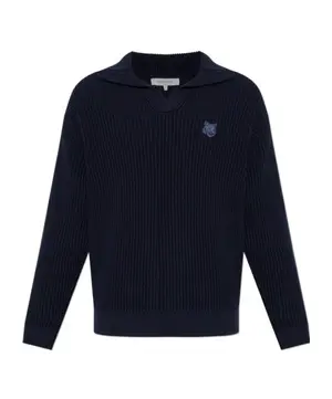 Maison Kitsuné Long Sleeve V-neck Sweater With Fox Head Embroidery
