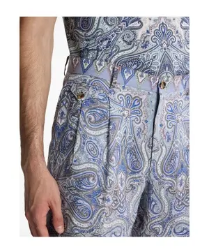 Etro Linen Shorts With Placed Pocket-square Paisley Print - Gray