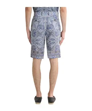 Etro Linen Shorts With Placed Pocket-square Paisley Print - Gray