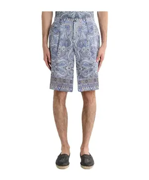 Etro Linen Shorts With Placed Pocket-square Paisley Print - Gray