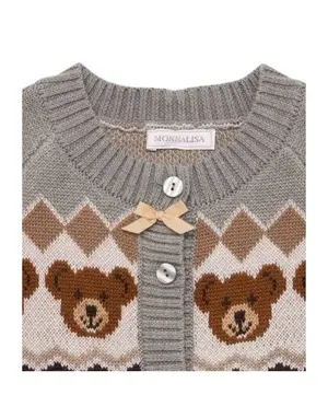 Monnalisa Jacquard Knit Cardigan With Teddy Bear Motif