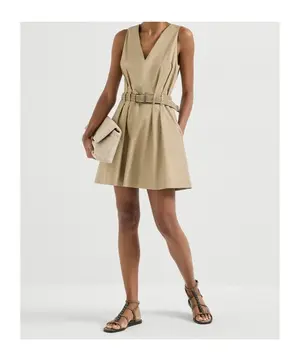 Brunello Cucinelli V-neck Belted Mini Dress - Nude