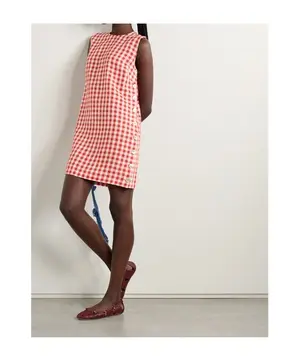 DÔEN Gingham Plaid Round Neck Button Detailed Dress