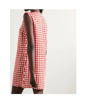 DÔEN Gingham Plaid Round Neck Button Detailed Dress