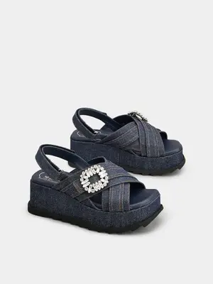 ROGER VIVIER Denim Wedge Sandals With Crystal Buckle