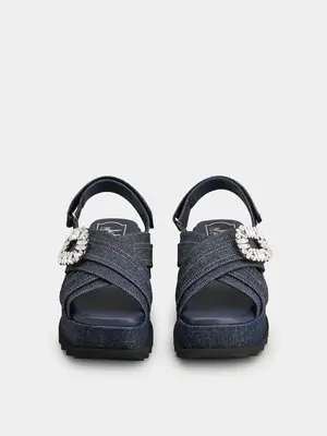 ROGER VIVIER Denim Wedge Sandals With Crystal Buckle