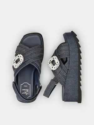 ROGER VIVIER Denim Wedge Sandals With Crystal Buckle
