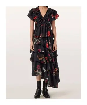 ALLSAINTS Alma Ruffled Floral V-neck Top - Black