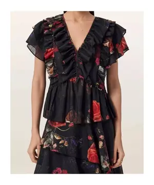 ALLSAINTS Alma Ruffled Floral V-neck Top - Black
