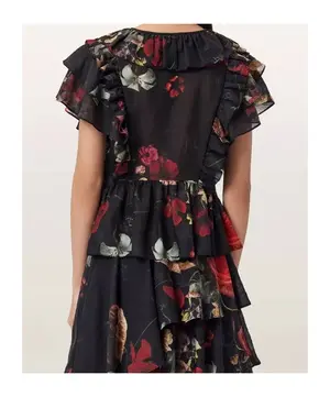 ALLSAINTS Alma Ruffled Floral V-neck Top - Black