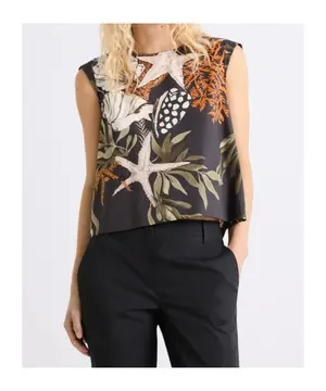 Marella Sleeveless Stretch Cotton Top With Pleats And Button Back