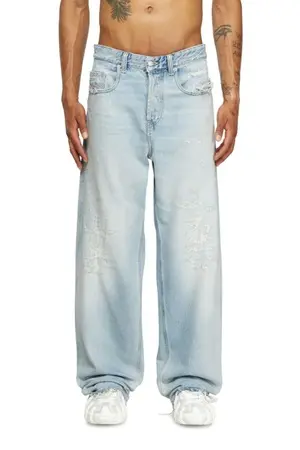 DIESEL® Distressed Cotton Relaxed Fit Wide Leg Jeans - Gray