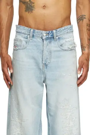 DIESEL® Distressed Cotton Relaxed Fit Wide Leg Jeans - Gray