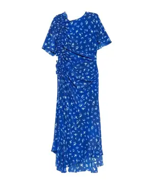 Victoria Beckham Floral Print Smocked Asymmetric Dress - Blue