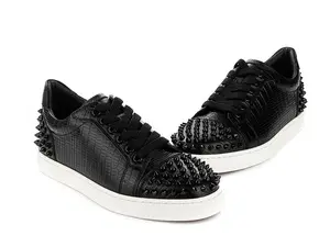 CHRISTIAN LOUBOUTIN Leather Studded Round Toe Lace-up Sneakers