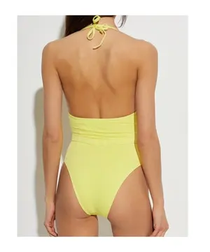 Balmain V-neck One-piece Swimsuit With Tie Back And Belted Waist - Yellow