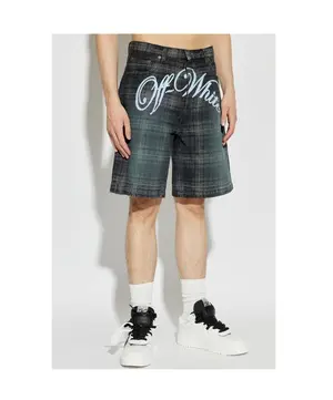 Off-White Plaid Logo Print Denim Shorts